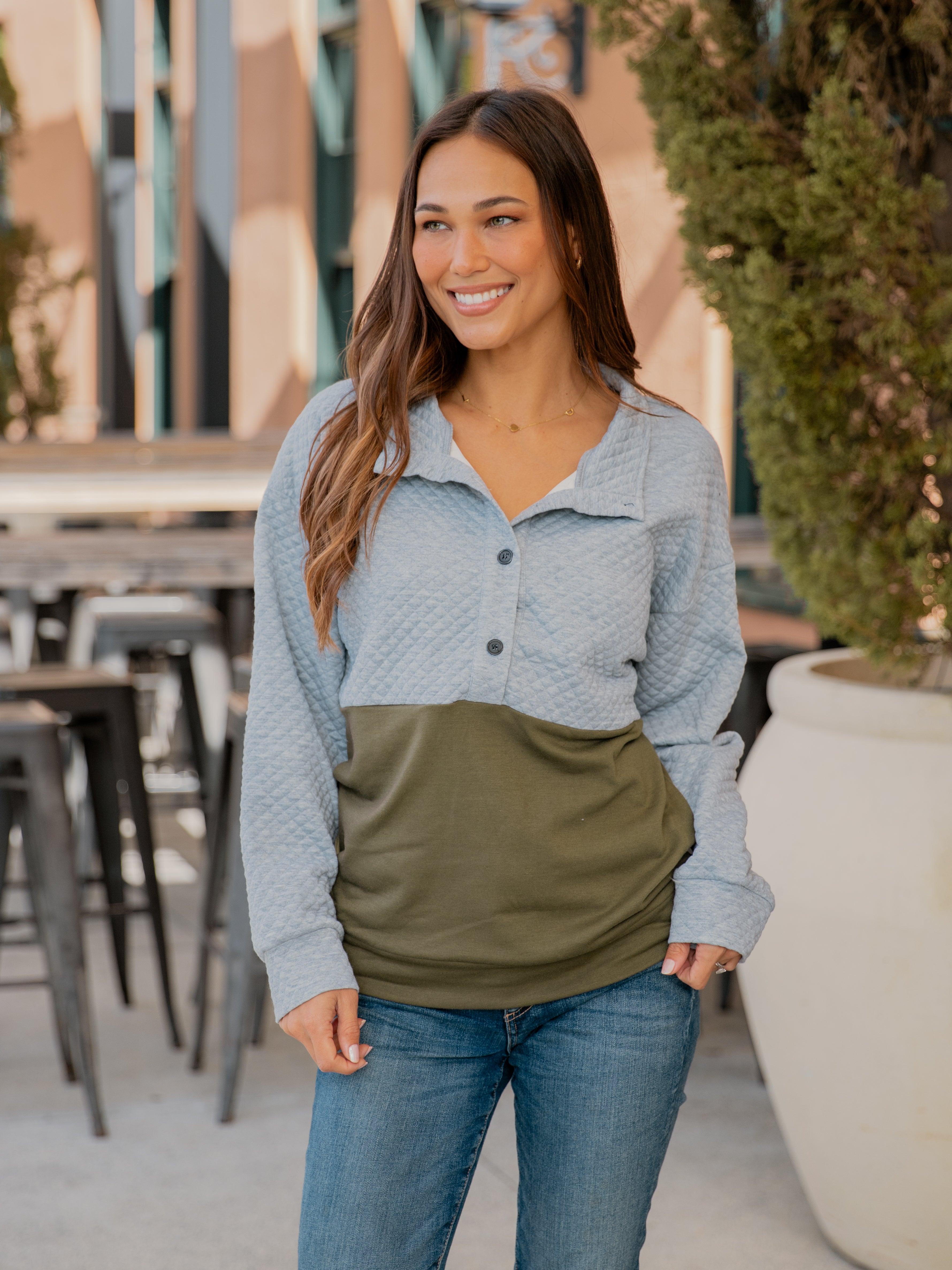 Two Tone Quilted Button Pullover – Tickled Teal LLC