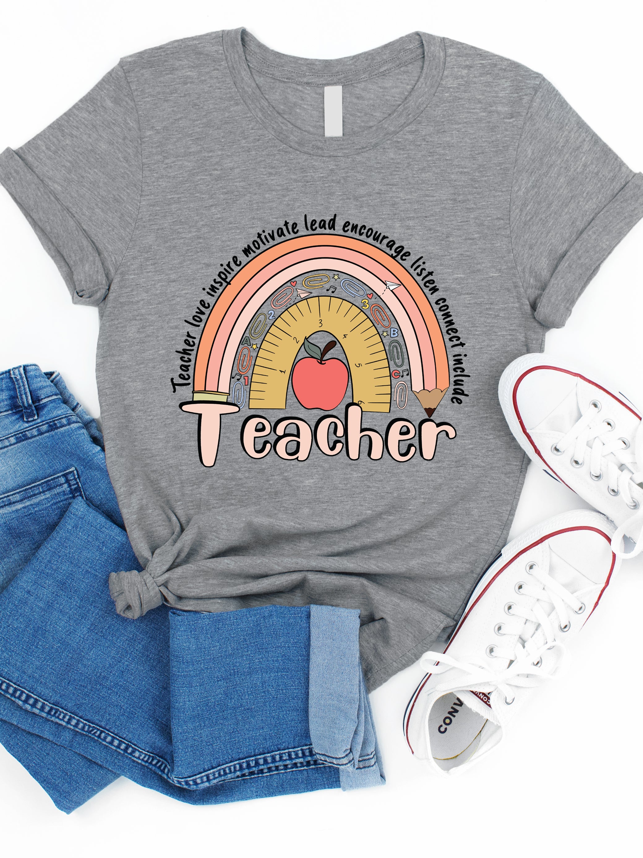 Teacher Pencil Ruler Rainbow Graphic Tee – Tickled Teal LLC