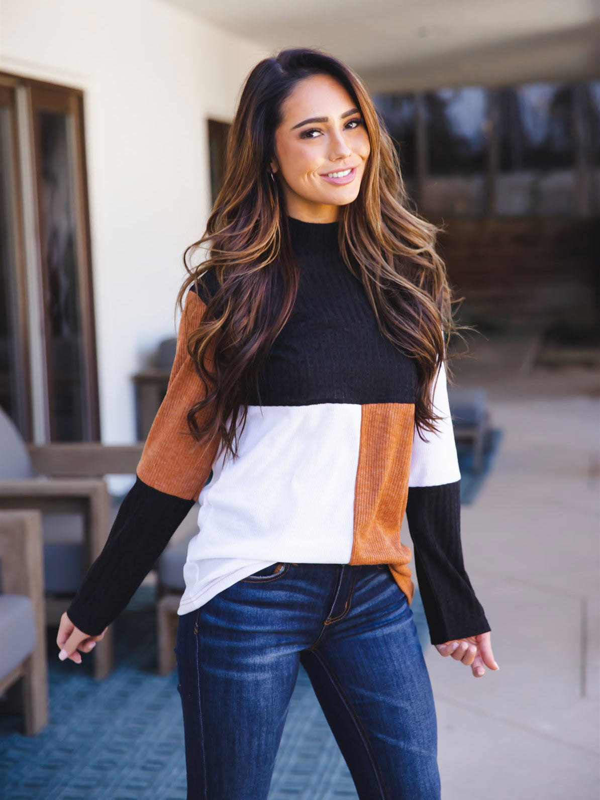 Tri-color Mockneck Emrie Top – Tickled Teal LLC