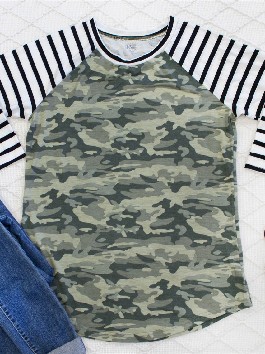 Stripe Sleeve Camo Raglan – Tickled Teal LLC
